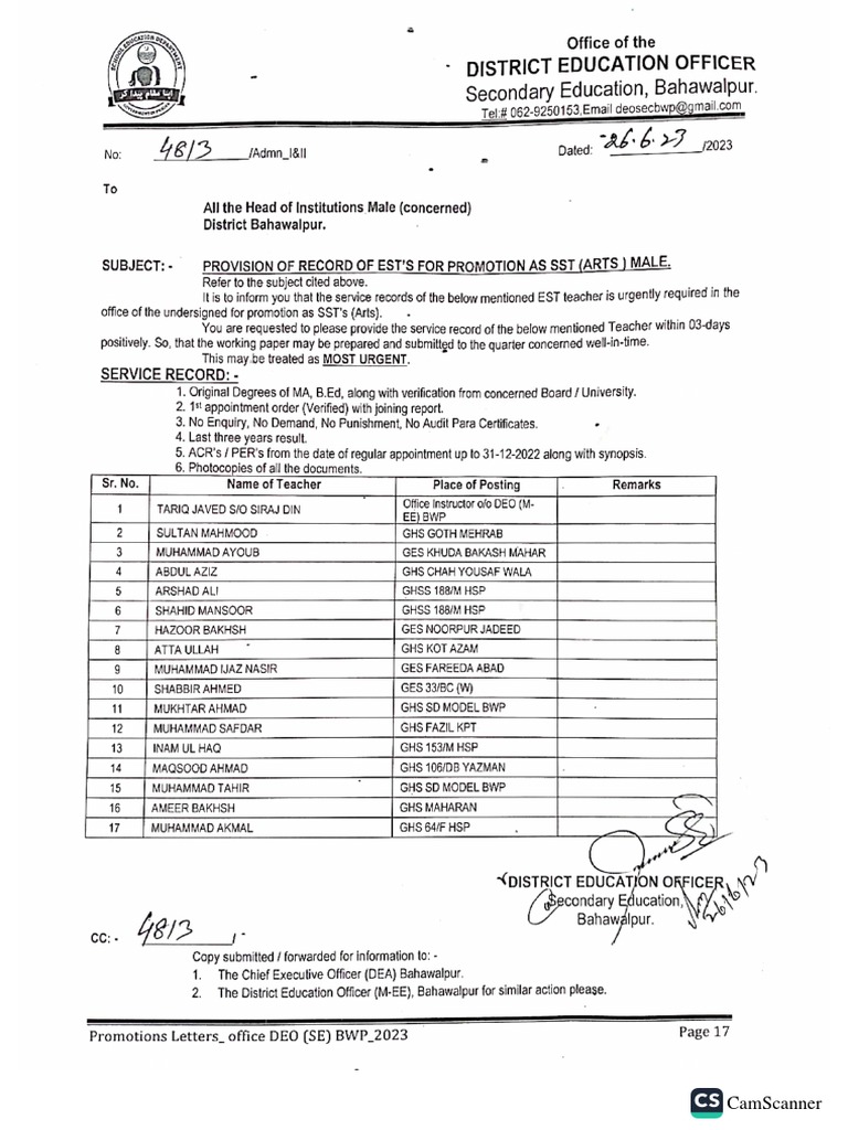 Promotion Letters Office DEO (SE) 2023 - MALE | PDF