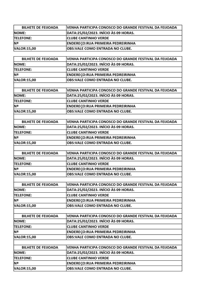 Bilhete de Feijoada | PDF