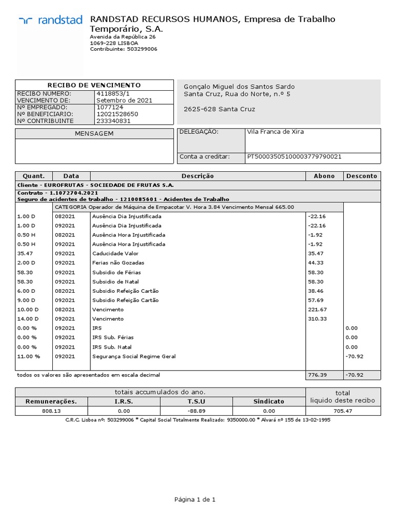Recibo de Vencimento de 9 de 2021 | PDF | Férias trabalhistas | Direito ...