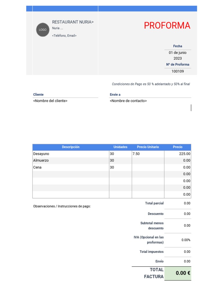 Proforma Restaurante Nuria: Desayuno para 30 | PDF | Factura ...