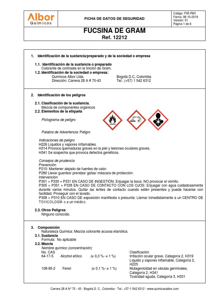 Fucsina de Gram: Ficha de Datos de Seguridad | Descargar gratis PDF | Agua | Toxicidad