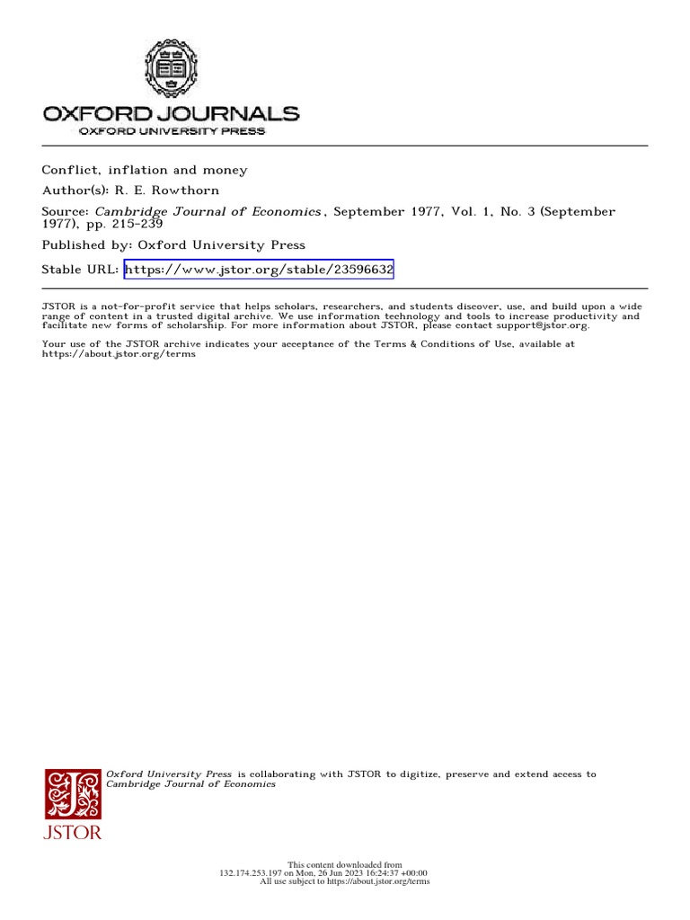 Rowthorn Conflictinflationmoney 1977 | PDF | Cost Of Living | Inflation