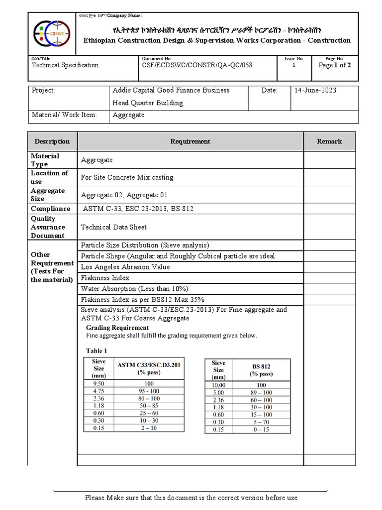 Technical Specification Form For Aggregate For ACG | PDF ...