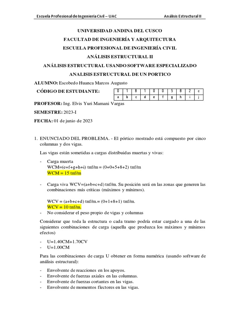 Análisis Estructural de Pórtico UAC | PDF | Viga (Estructura) | Física ...