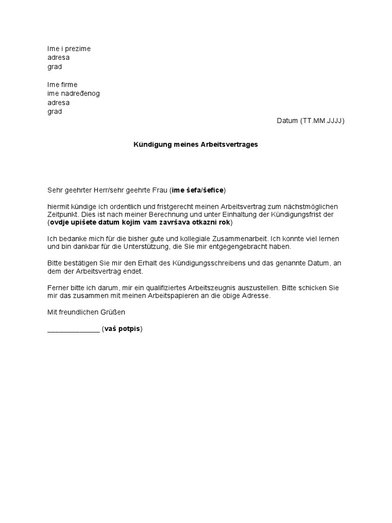 Otkazno Pismo Primjer | PDF