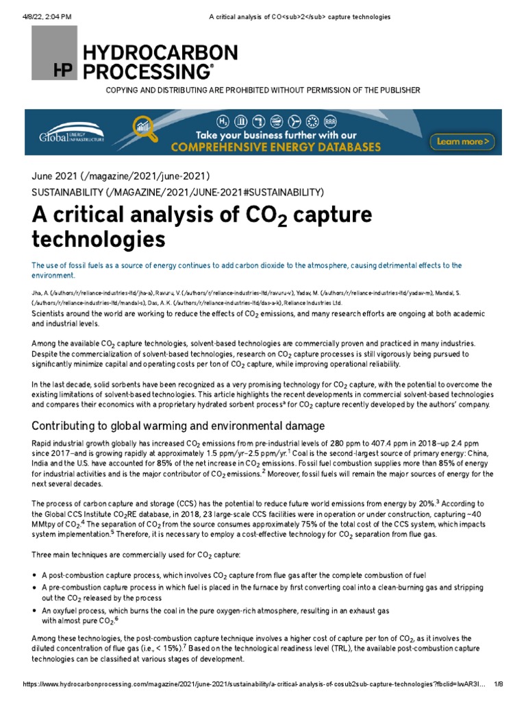 A Critical Analysis of CO - Sub - 2 - Sub - Capture Technologies | PDF ...