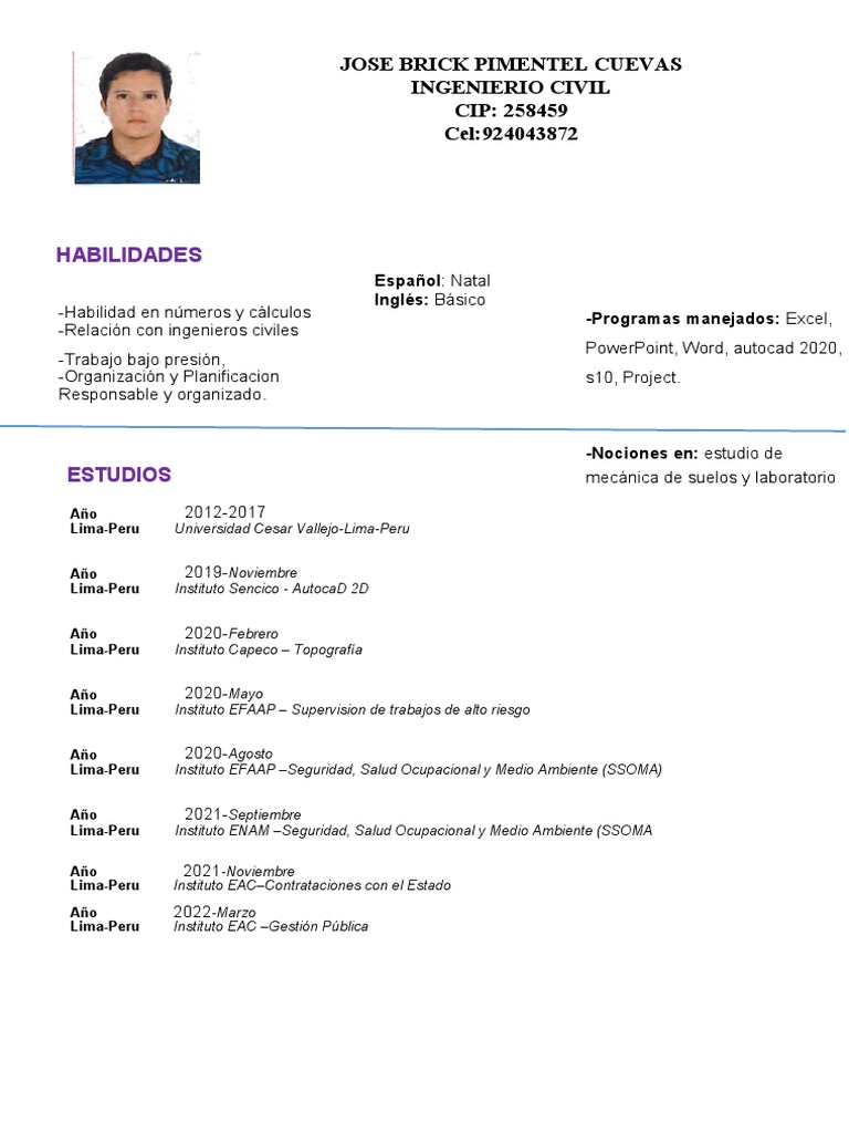 CV Jose Brick Pimentel Cuevas | PDF | Ingeniero civil | Ingeniería