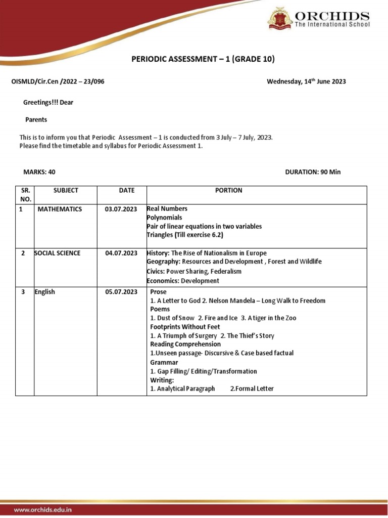Periodic Assessment - 1 (Grade 10) | PDF
