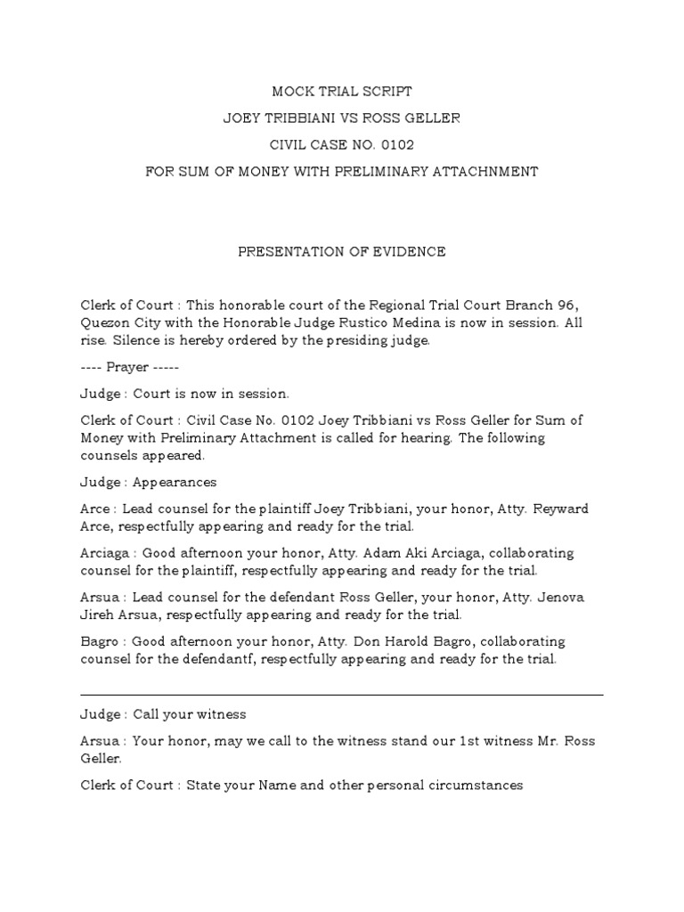 DEFENDANT Mock Trial Script First Witness DIRECT TO REDIRECT | PDF ...