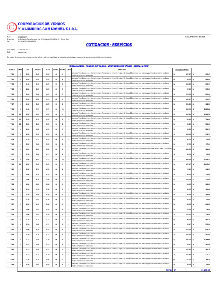 Cotizacion - Contrato de Instalacion de Ventanas | PDF | Construyendo tecnología | Vidrio ...
