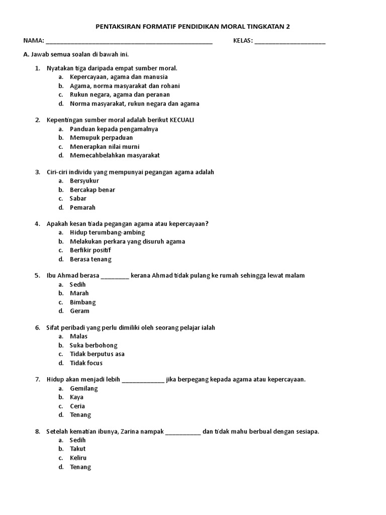 Pentaksiran Formatif Pendidikan Moral Tingkatan 2 Pdf