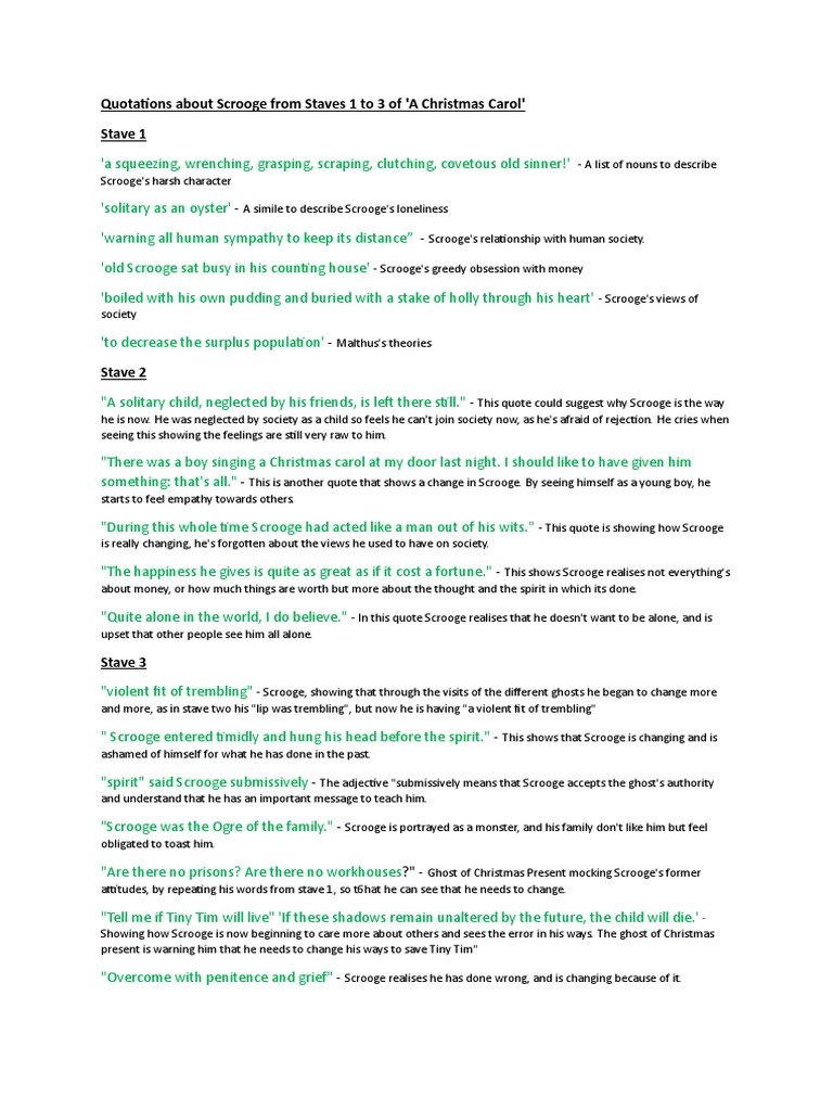 Quotations About Scrooge From Staves 1 To 3 of Christmas Carol | PDF ...