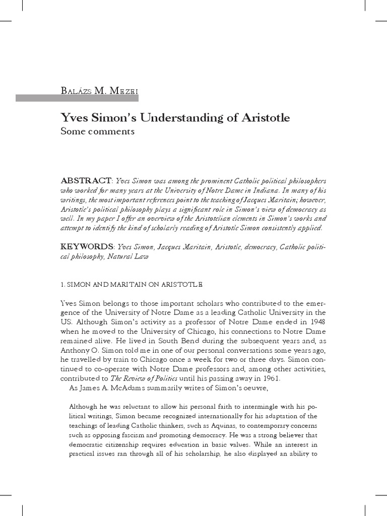 Yves Simon's Aristotelian Political Philosophy | PDF | Aristotle | Thomism