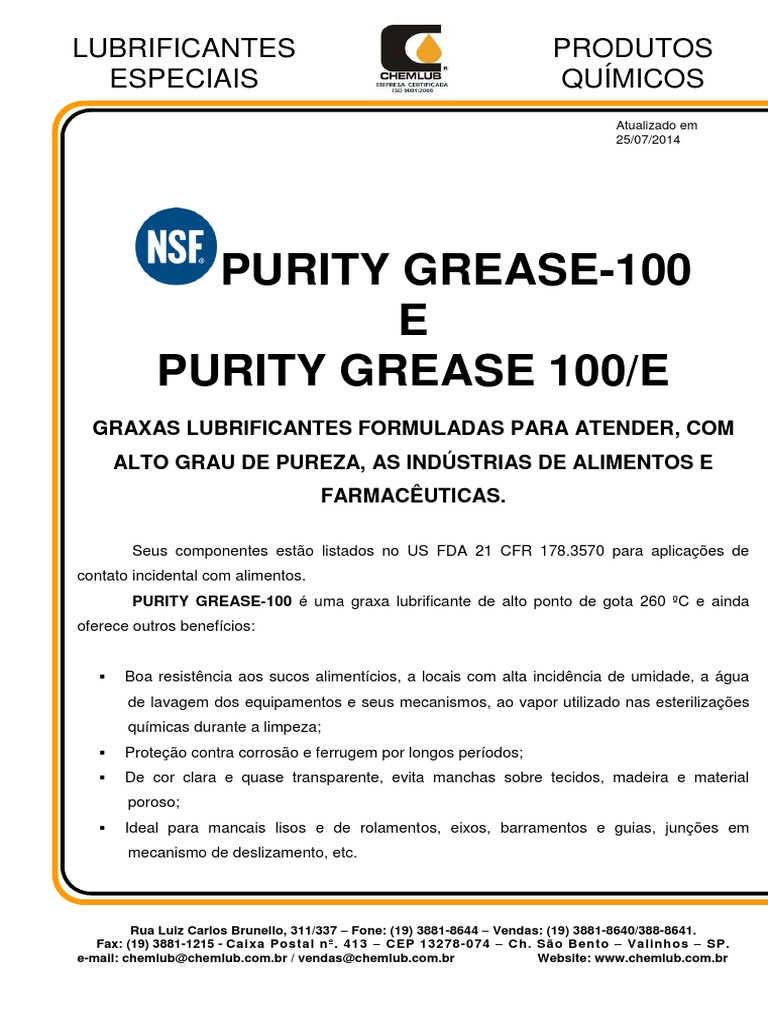 Literatura Purity Grease - 100 e 100-E C - Borda C - NSF | PDF ...