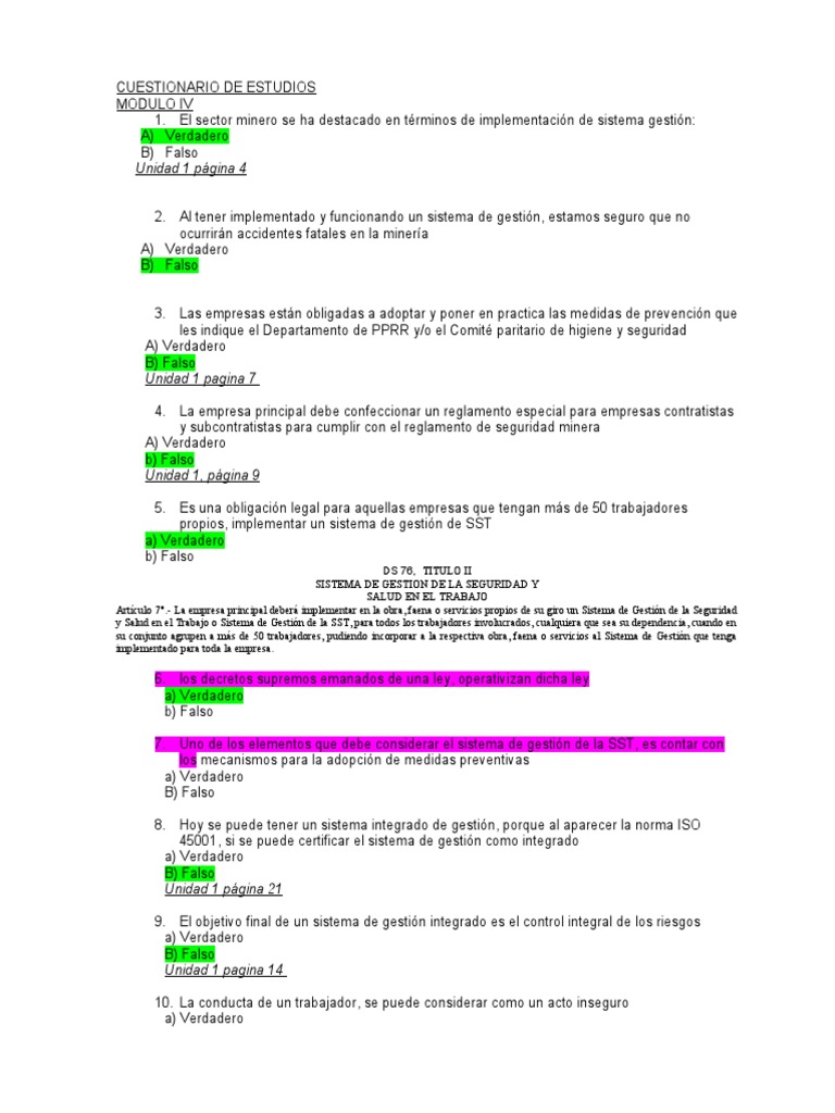 CUESTIONARIO DE ESTUDIOS - Mod - IV | PDF | Seguridad y salud ocupacional | Minería