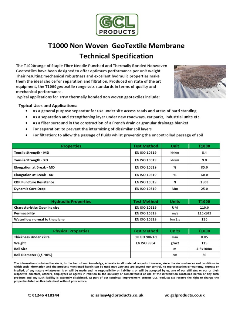 T1000 Non Woven Geotextile Specs | PDF | Nonwoven Fabric | Materials