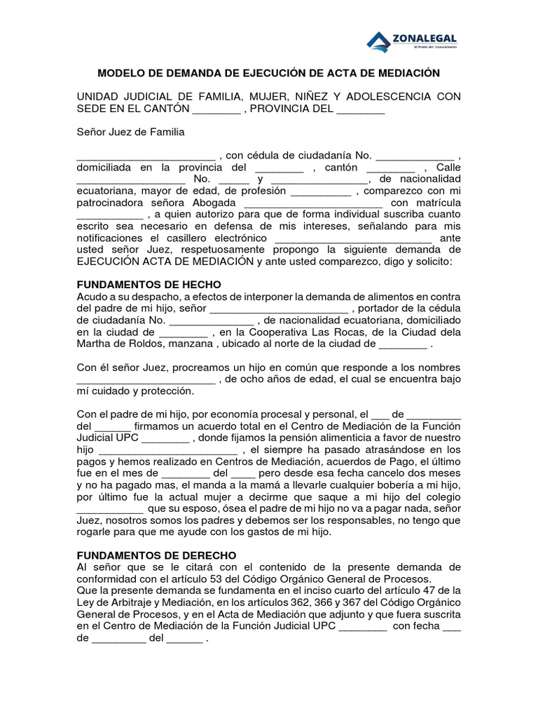 Modelo de Demanda de Ejecucion de Acta de Mediacion | PDF | Demanda judicial | Mediación
