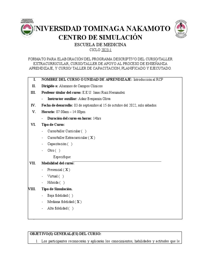 Programa Descriptivo Del Curso de Introduccion Al RCP | PDF | Simulación | Reanimación ...