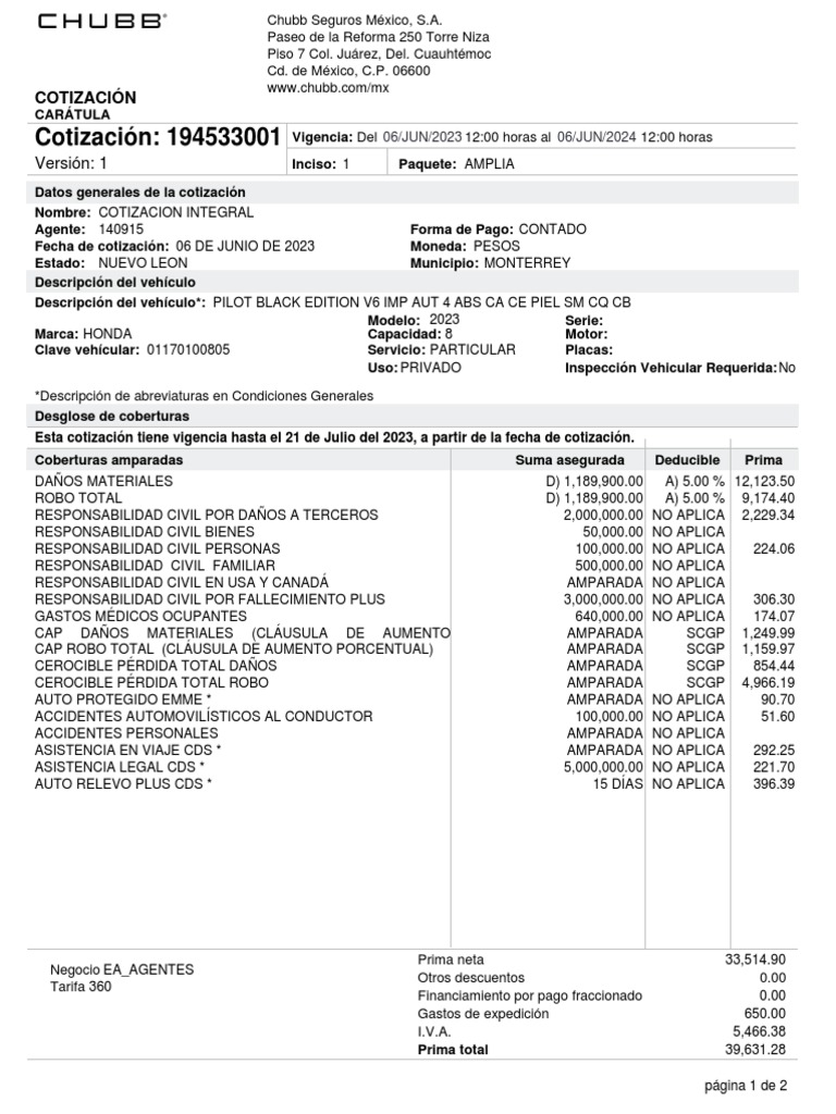 Cotización Seguro Auto Chubb 2023 | PDF | Vehículos | Transporte