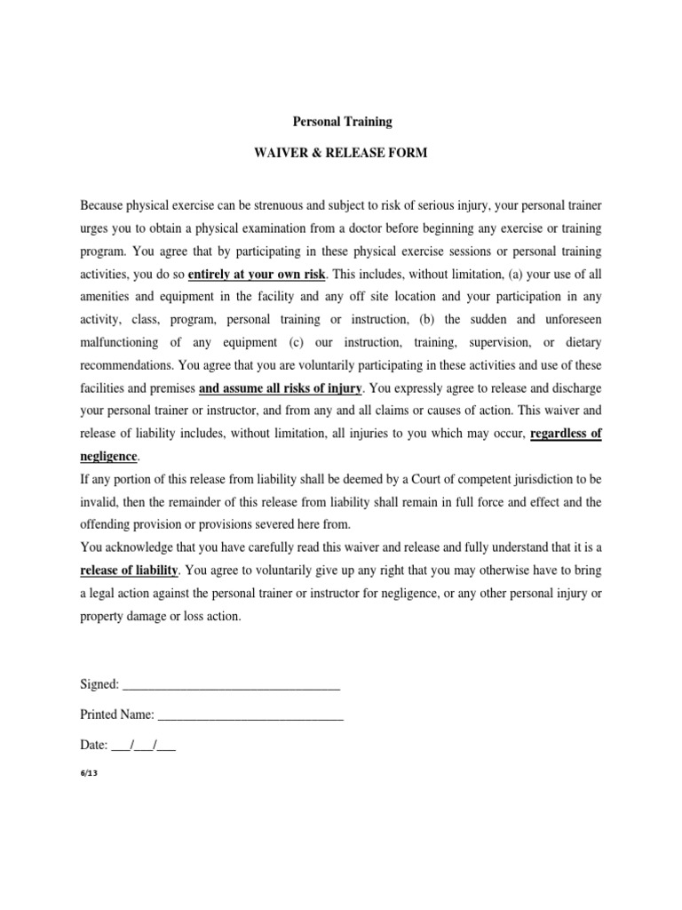 Personal Training Liability Waiver | PDF