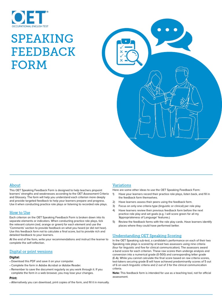 OET Speaking Feedback Form | PDF | Communication | Linguistics OET Speaking Feedback Form | PDF | Communication | Linguistics