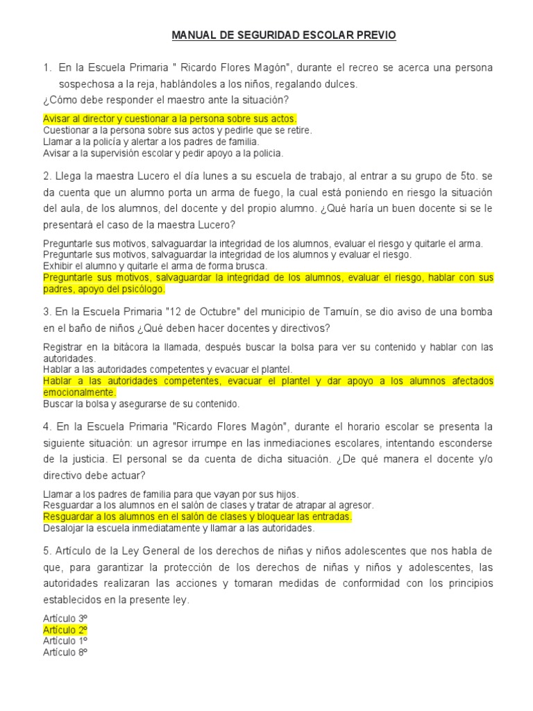 Formulario Manual De Seguridad Escolar Previo Pdf Educación Primaria