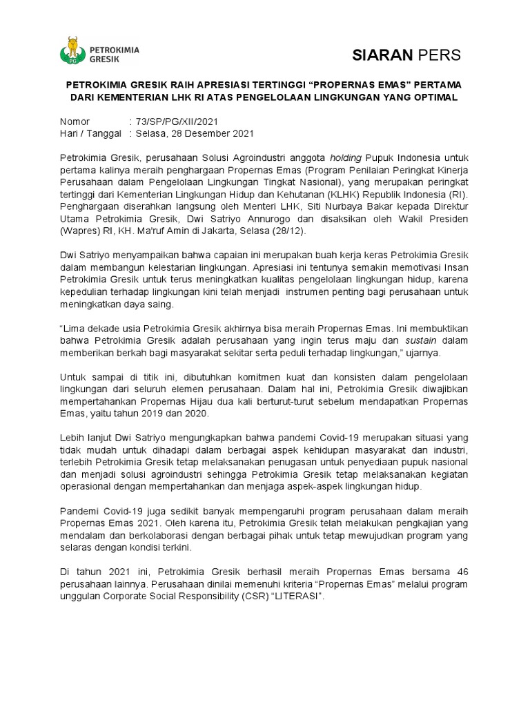 SP Petrokimia Gresik Raih Propernas Emas Perdana (FINAL) | PDF | Teknologi & Rekayasa