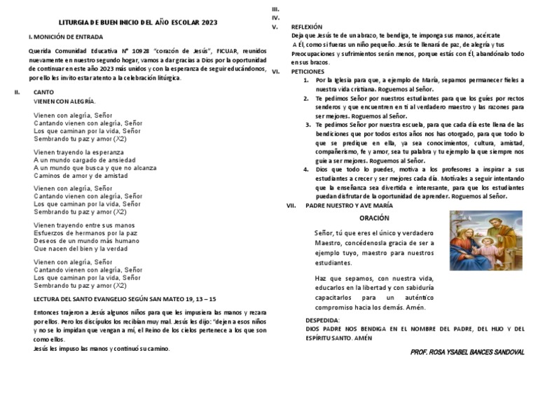 Liturgia de Buen Inicio Del Año Escolar 2023 | PDF | Amor | orador del ... Liturgia de Buen Inicio Del Año Escolar 2023 | PDF | Amor | orador del ...