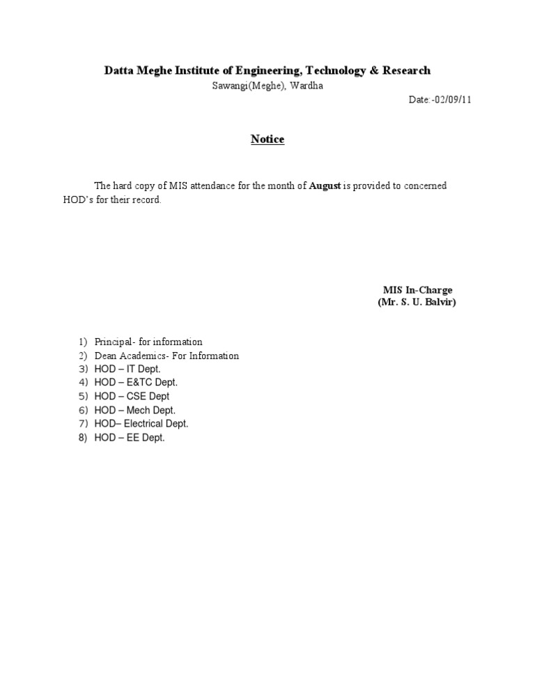 August MIS Attendance Notice 2011 | PDF | Science & Mathematics