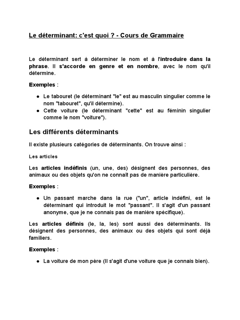 Le Determinant Cest Quoi Cours de Grammaire | PDF | Genre grammatical | Linguistique