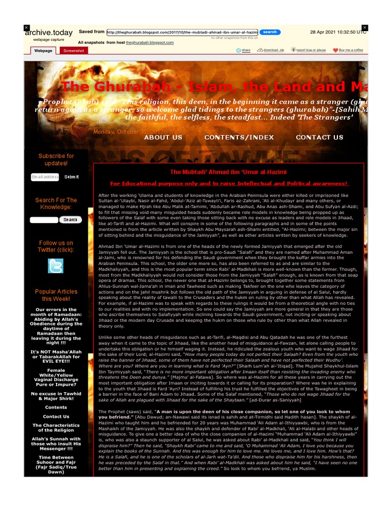 The Mubtadi' Ibn Umar Al Hazimi | PDF | Salafi Movement | Blog