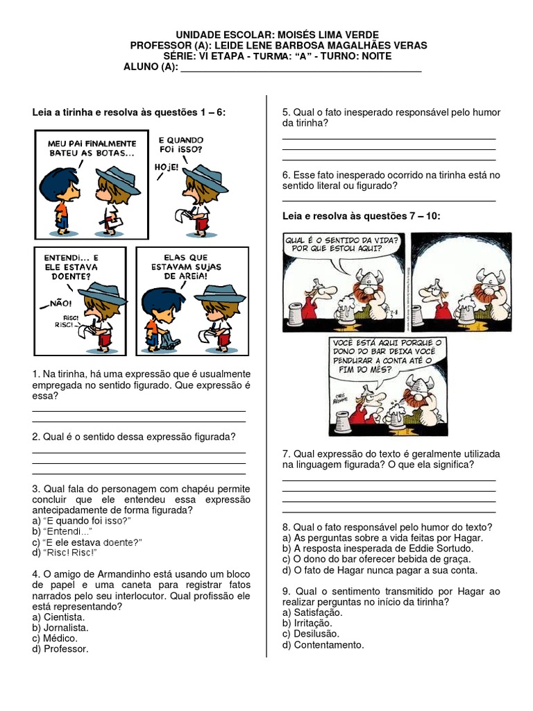 Atividade - Sentido Literal e Figurado - Vi Etapa | PDF | Artes ...