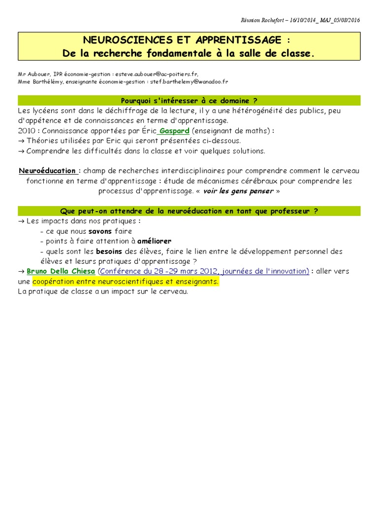 Neuroéducation : Impact sur l'apprentissage | PDF | Mémoire | Métacognition