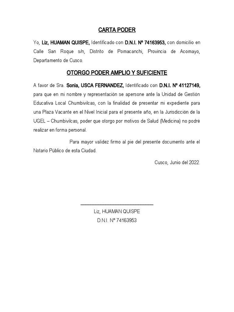 Carta Poder-2022 para Ugel | PDF