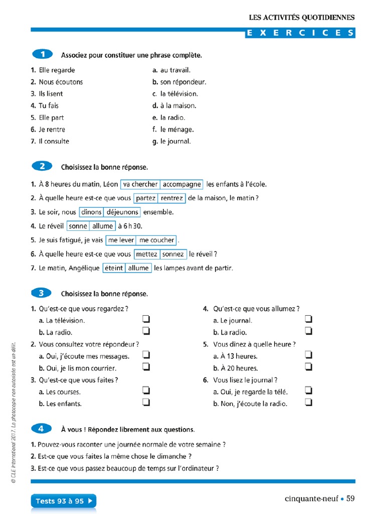 Exercices - Les Activités Quotidiennes | PDF