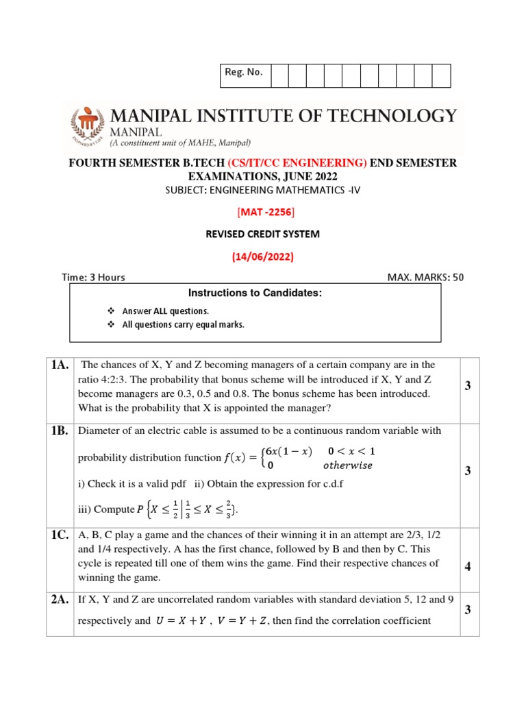 Engineering Mathematics-IV (MAT 2256) | PDF | Variance | Probability Density Function