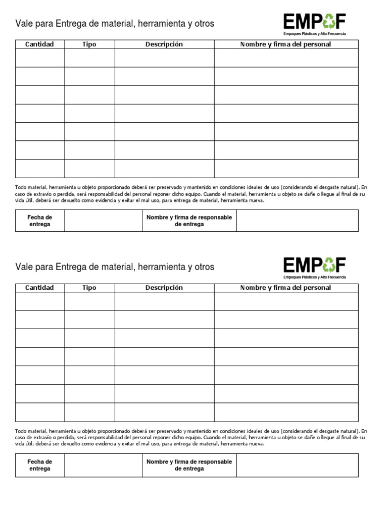 Vale de Materiales, Herramientas y Otros | PDF