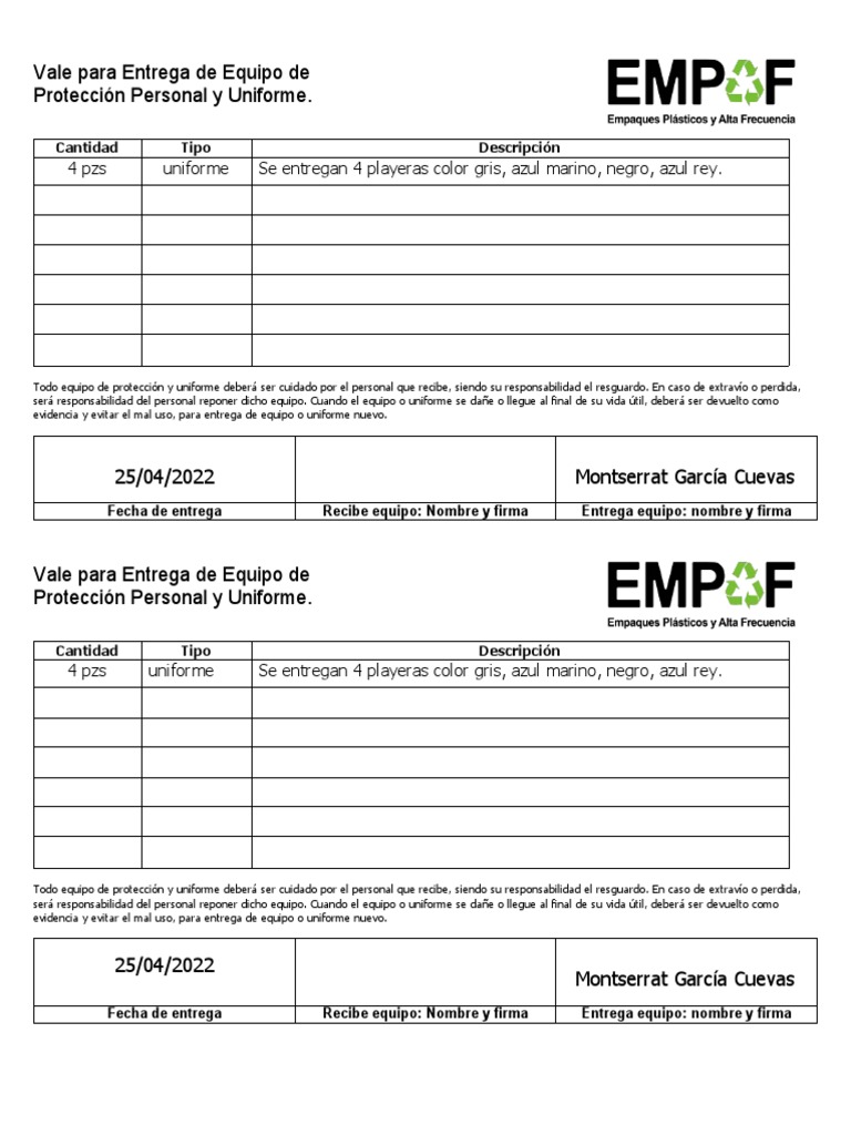 Vale para Equipo o Uniforme | PDF