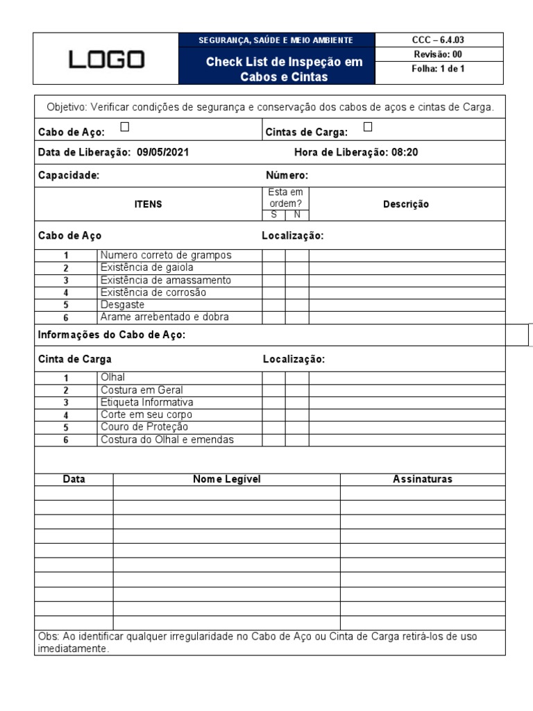 Check List de Inspeção em Cabos e Cintas de Carga | PDF