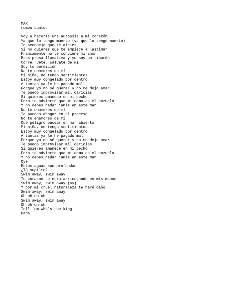 Letra de "Mar" - Romeo Santos | PDF | Cocina, comidas y vino | Poesía