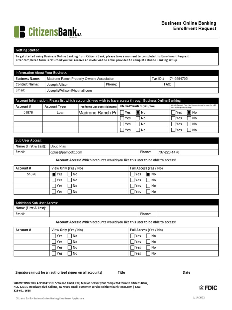 Business Online Banking Enrollment Form | PDF | Online Banking | Banks ...