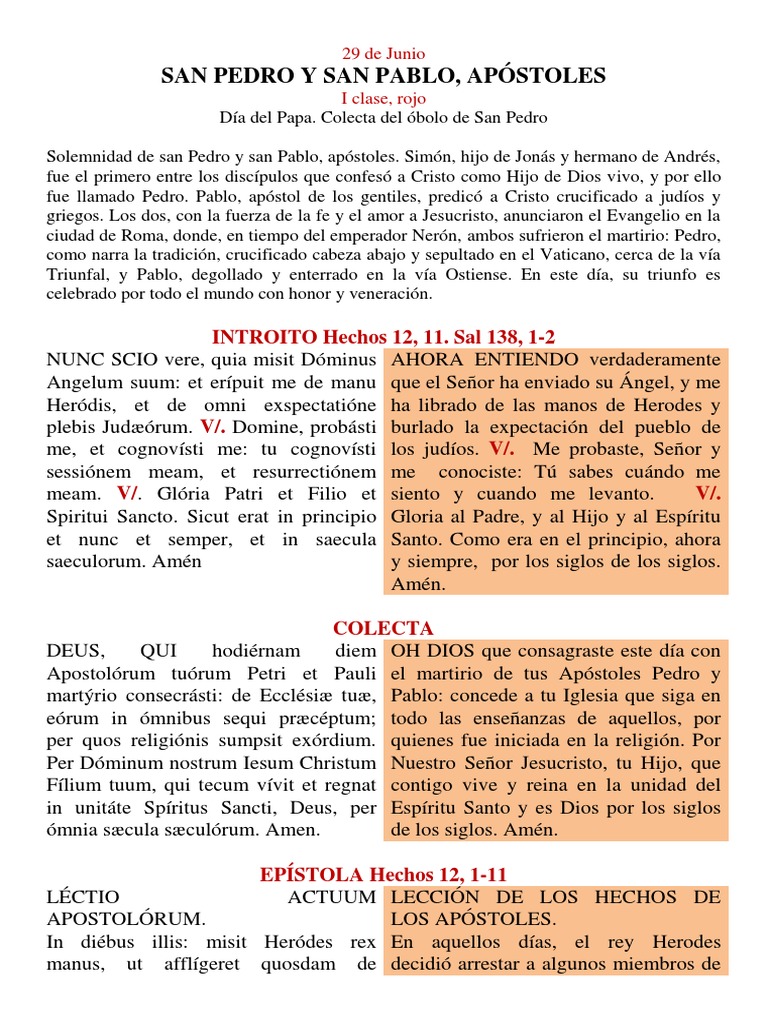 29 de Junio. San Pedro y San Pablo, Apóstoles. Rito Romano 1962 | PDF | San Pedro | Pablo el apóstol