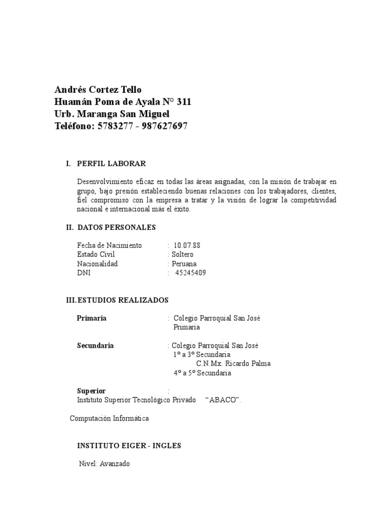 CV Andres Cortez Tello | PDF