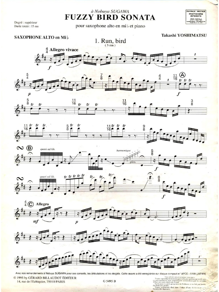 Youshimatsu Fuzzy Bird Sonata Pour Saxophone Alto en Mib Et Piano Alto ...