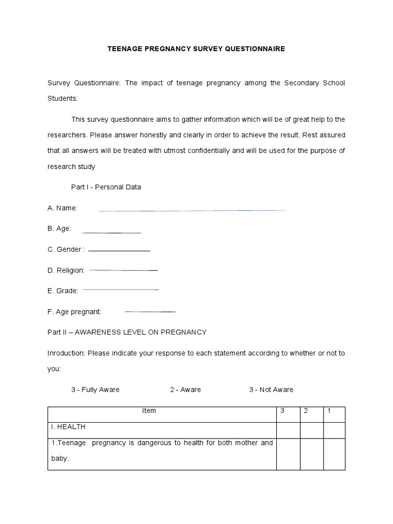 Teenage Pregnancy Survey Questionnaire | PDF | Teenage Pregnancy ...