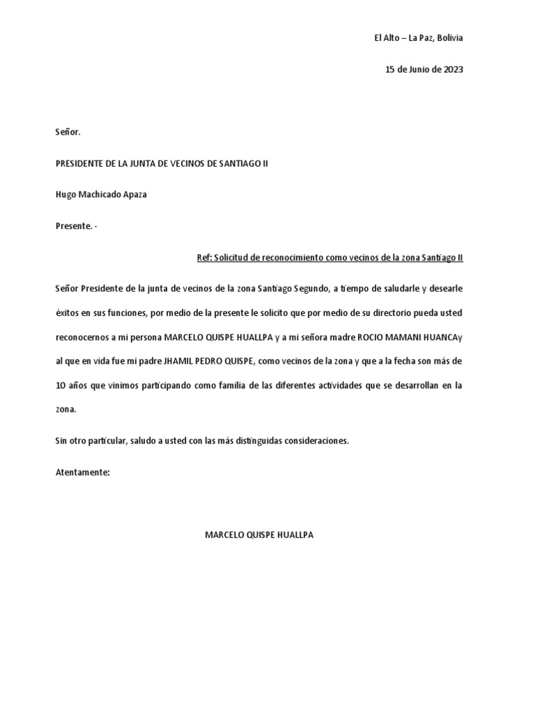 Carta para Junta de Vecinos | PDF