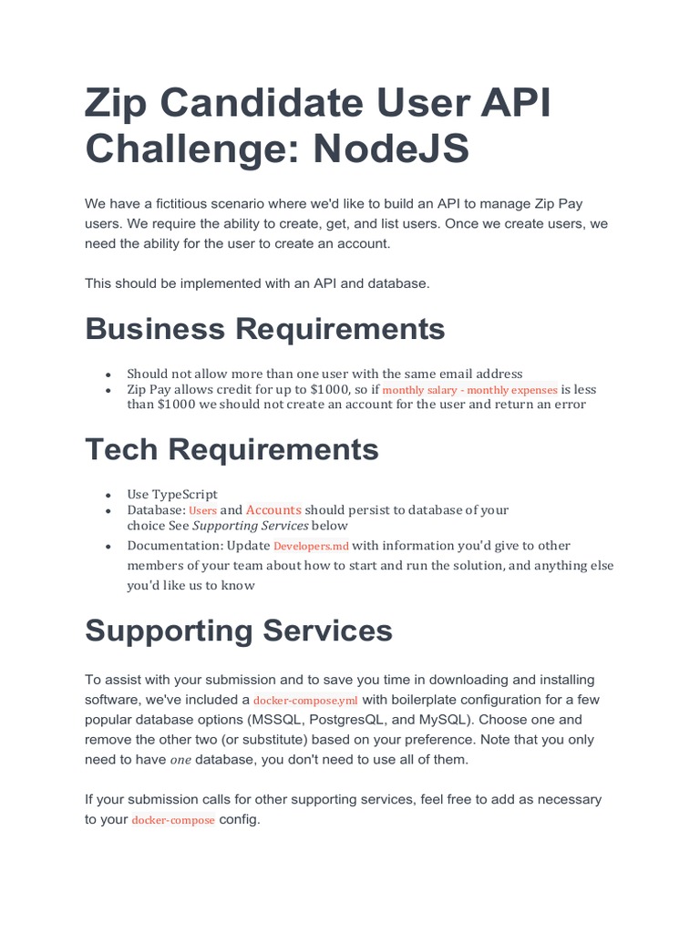 Zip NodeJS User API Challenge Problem Statement | PDF | Databases | Hypertext Transfer Protocol