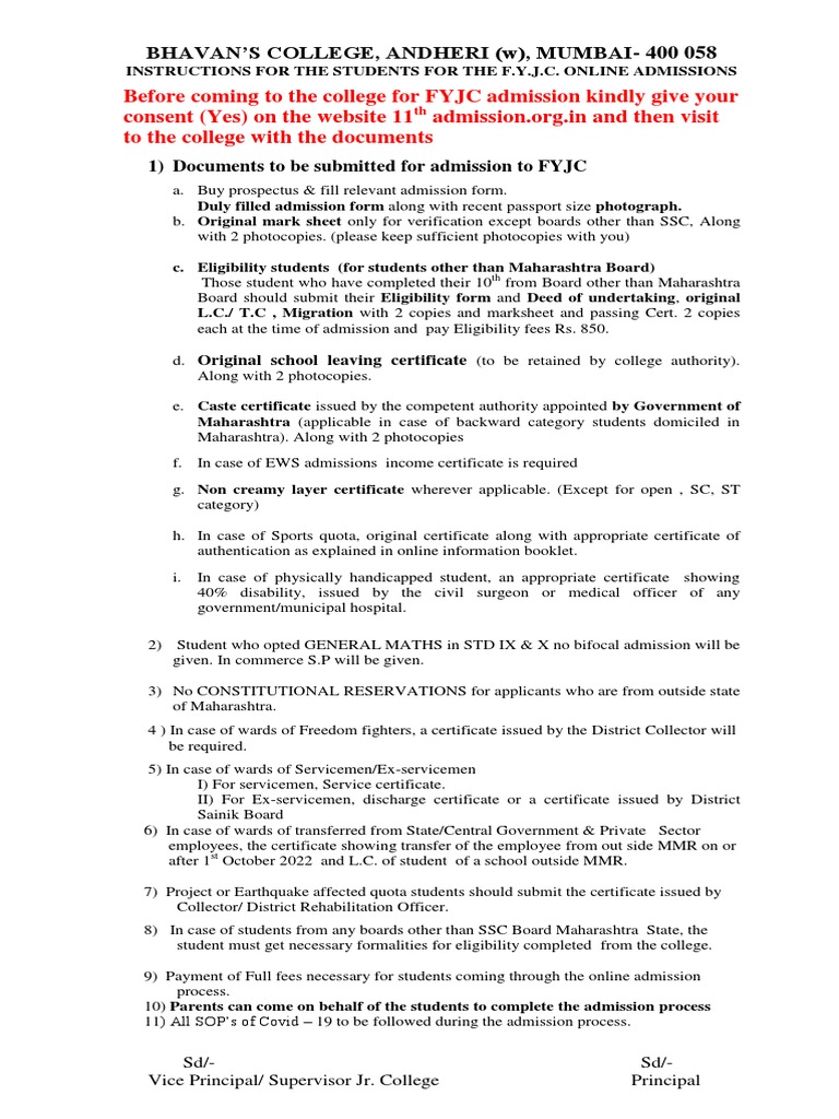 FYJC ADMISSION Instructions For Students 2023 24 | PDF