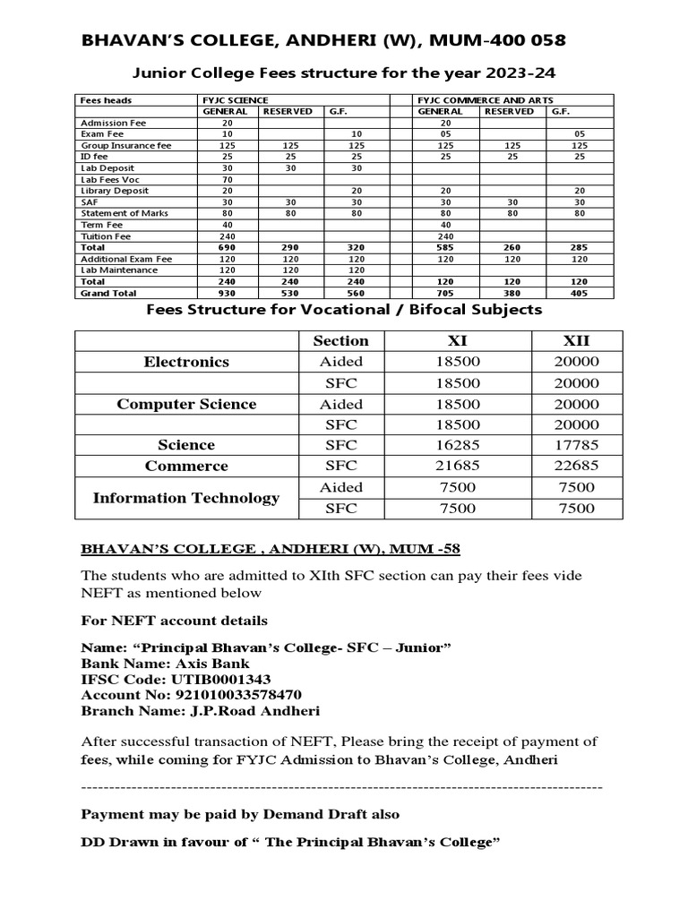 FYJC AND SYJC (Junior College) Fees Stucture For The Year 2023 24 | PDF ...