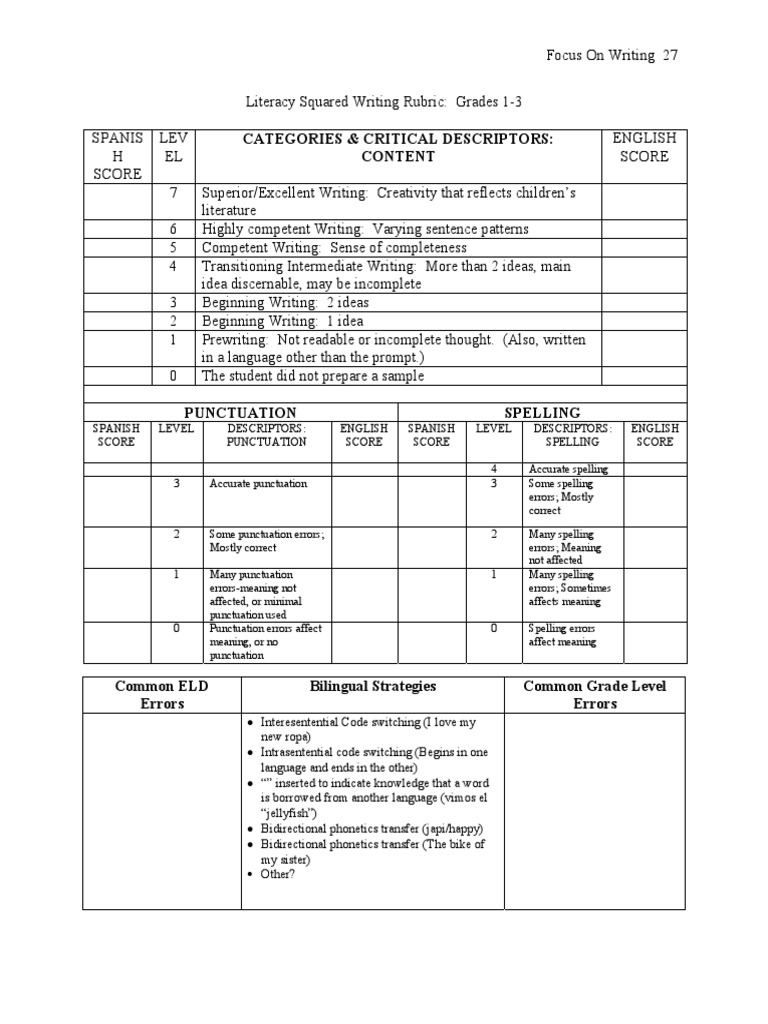 Literacy Squared Writing Rubric Grades 1-4 | PDF | Multilingualism | Word